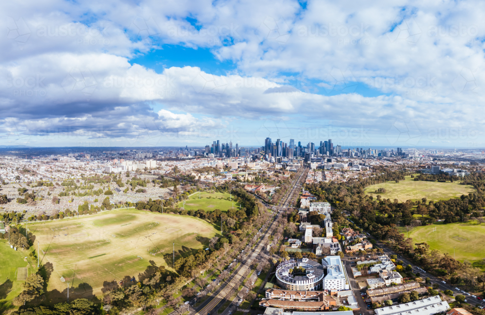 Image of Aerial view of Melbourne skyline on a cool winter's day from ...