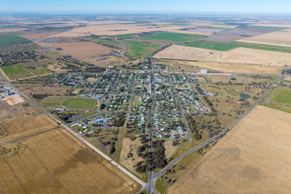 Image of Aerial view of Minyip township surrounded by farmland in the ...