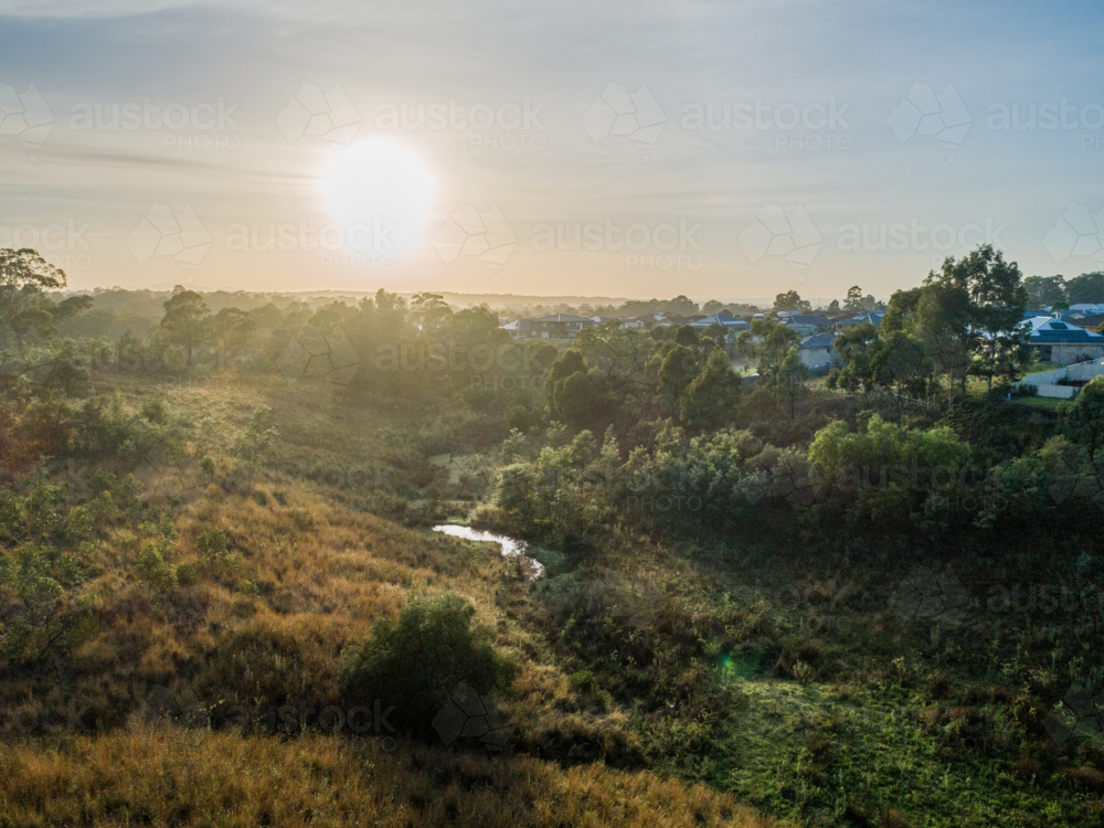 Image of Aerial view of morning light over bushland at the edge of a ...