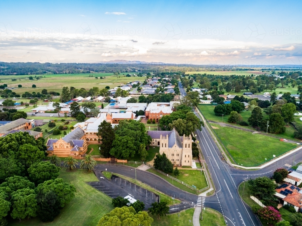 Image of Aerial view of old church building made of stone lit with glow ...