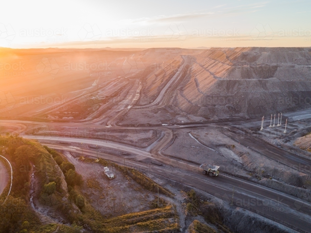 Image of aerial view of open cut coal mine at dusk in Hunter Valley ...