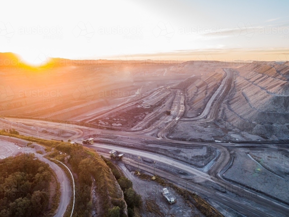 Image of aerial view of open cut coal mine at dusk in Hunter Valley ...