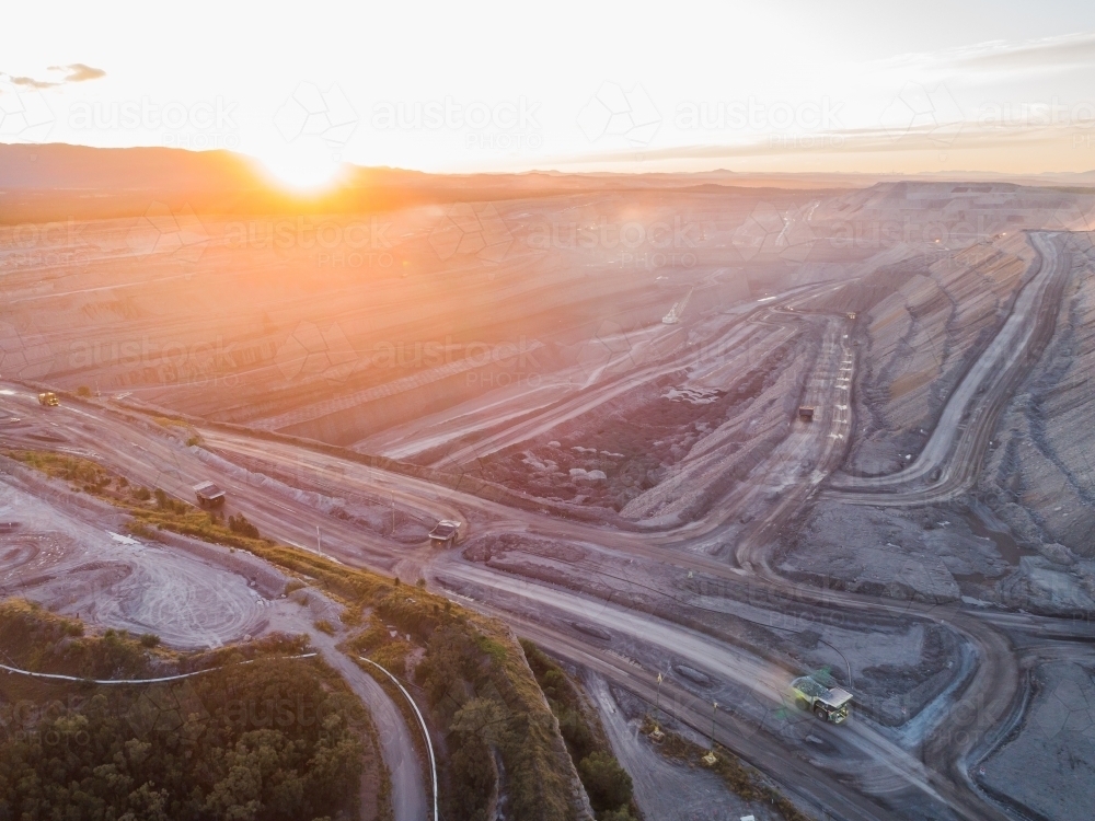 Image of aerial view of open cut coal mine at dusk in Hunter Valley ...