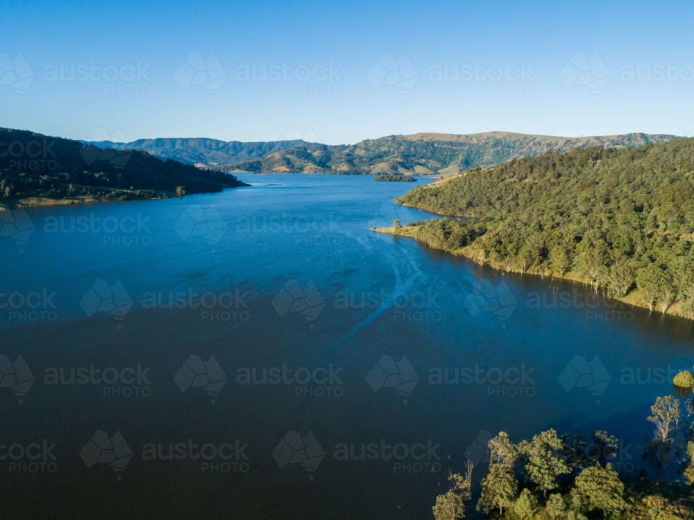 Image of aerial view of overfull lake Glennies creek dam water supply ...