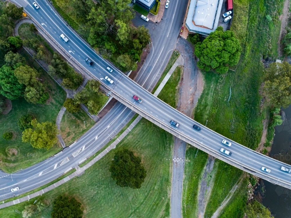 Image of Aerial view of overpass bridge with roads crossing of highway ...