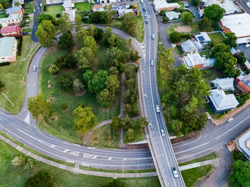 Image of Aerial view of overpass bridge with roads crossing of highway ...