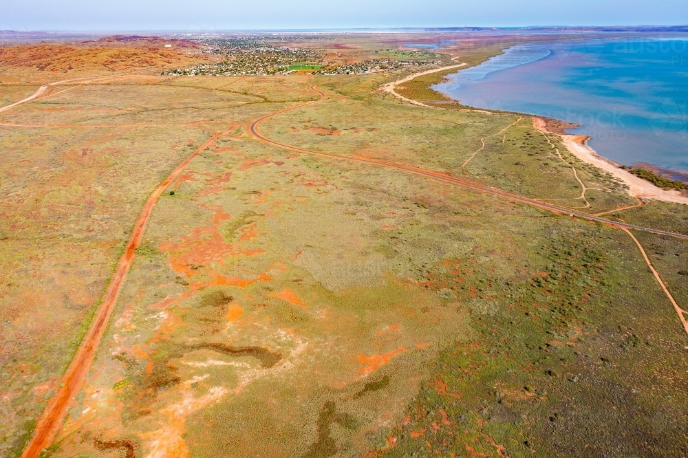 Image of aerial view of Pilbara coast with city of Karratha in the ...