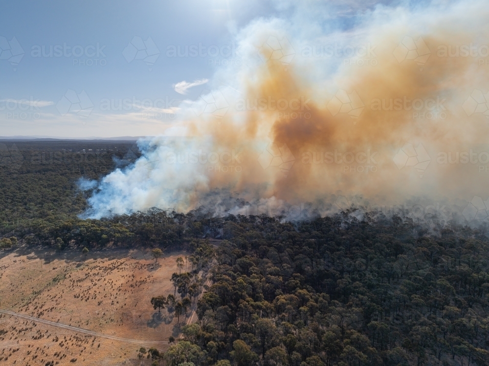 Image of Aerial view of plumes of brown bushfire smoke rising from ...