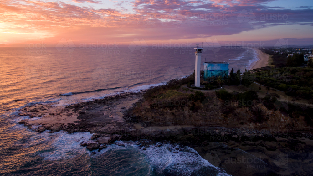 Image of Aerial view of Point Cartwright lighthouse and water tank ...