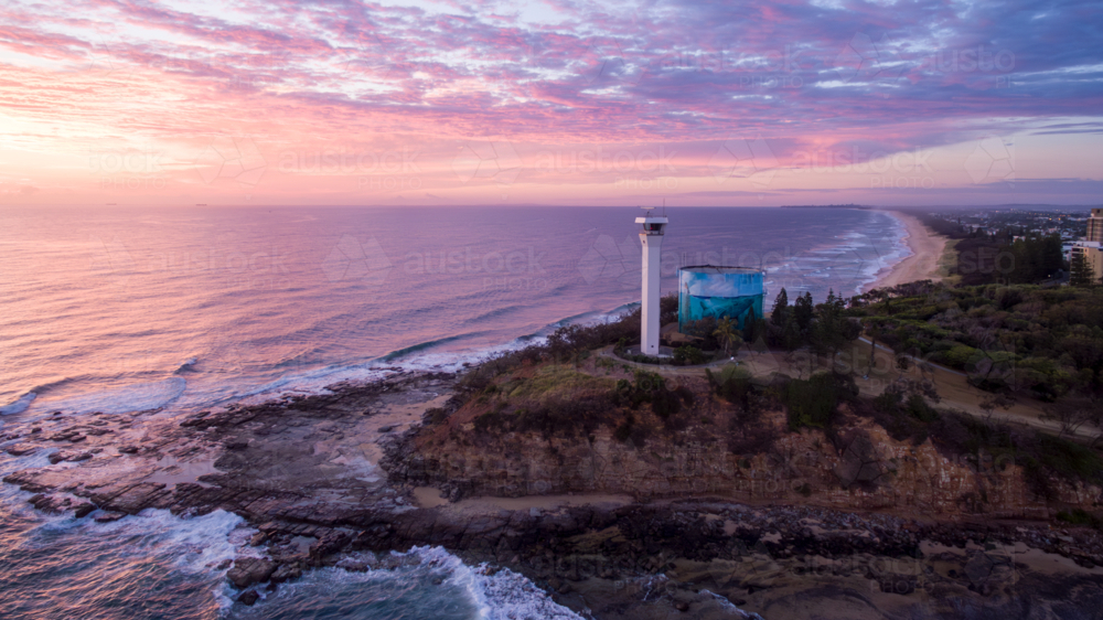 Image of Aerial view of Point Cartwright lighthouse and water tank ...