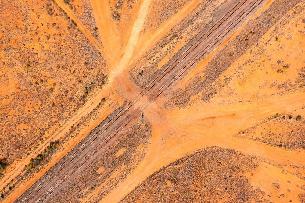 Image of aerial view of railway line in the outback with level crossing ...