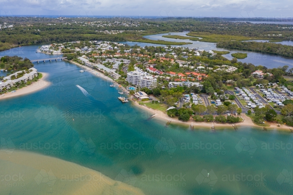 Image of Aerial view of river front real estate and canals of a coastal ...
