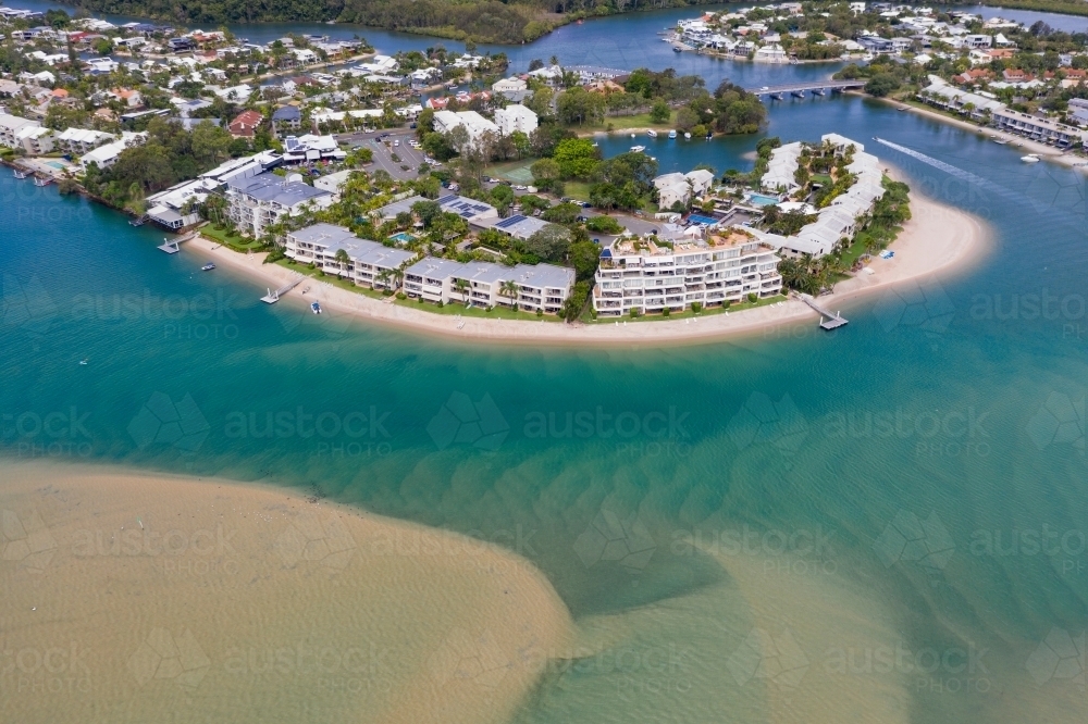 Image of Aerial view of river front real estate and canals of a coastal ...