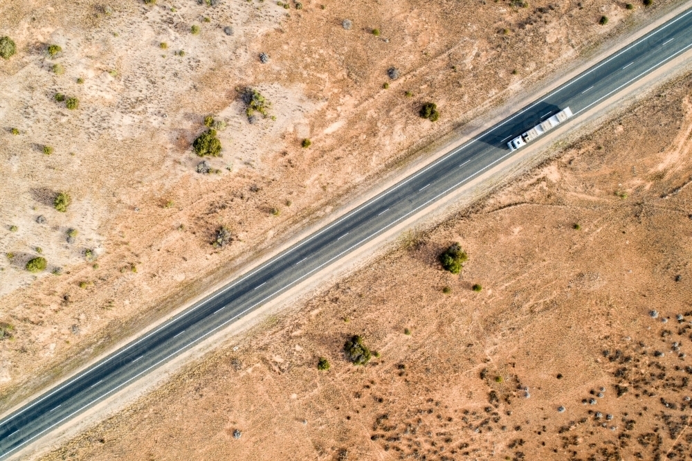Image of Aerial view of road train truck on Eyre Highway along the ...