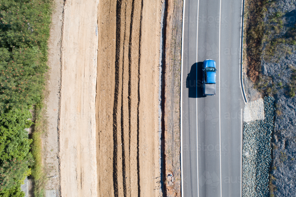 Image of Aerial view of road widening roadworks - Austockphoto
