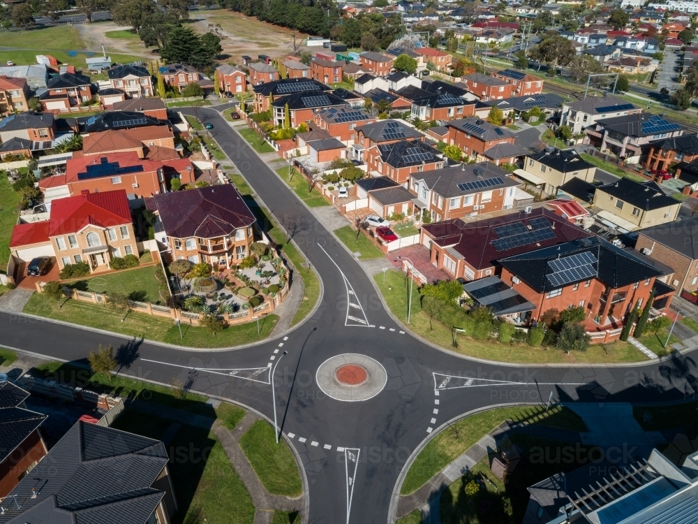Image of Aerial view of roundabout in housing area in Springvale suburb ...