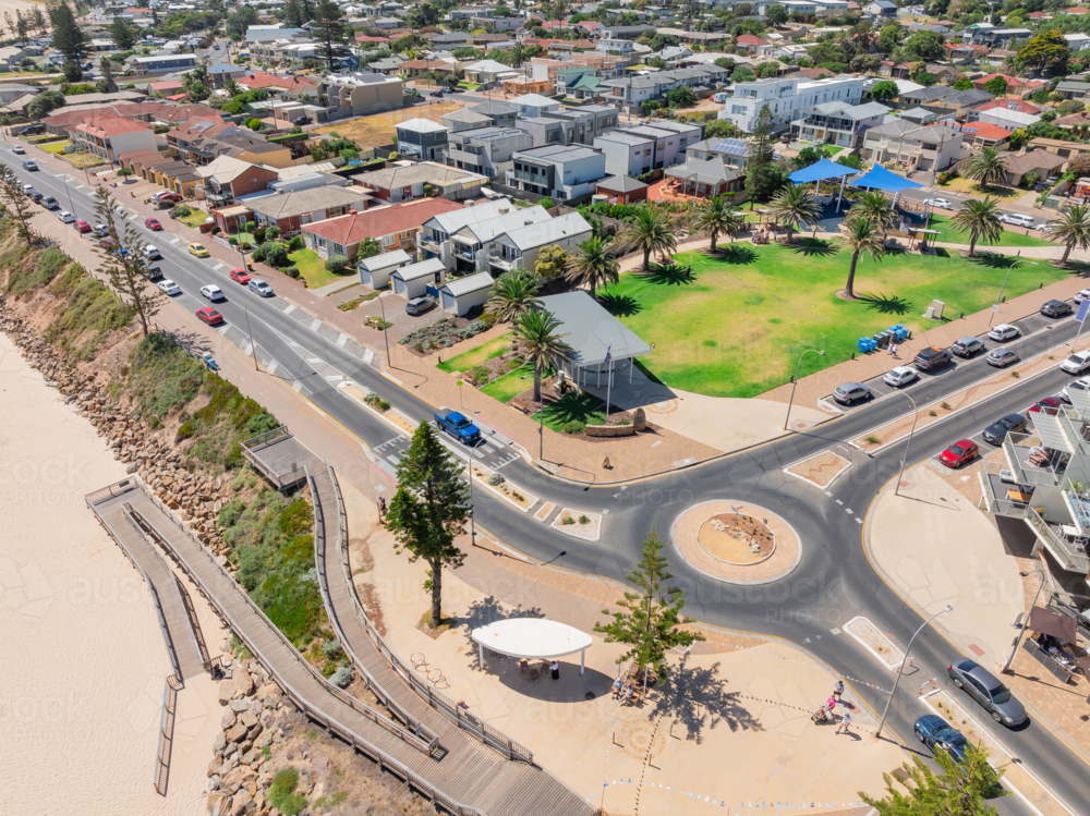 Image of Aerial view of roundabout on a coastal seaside esplanade above ...