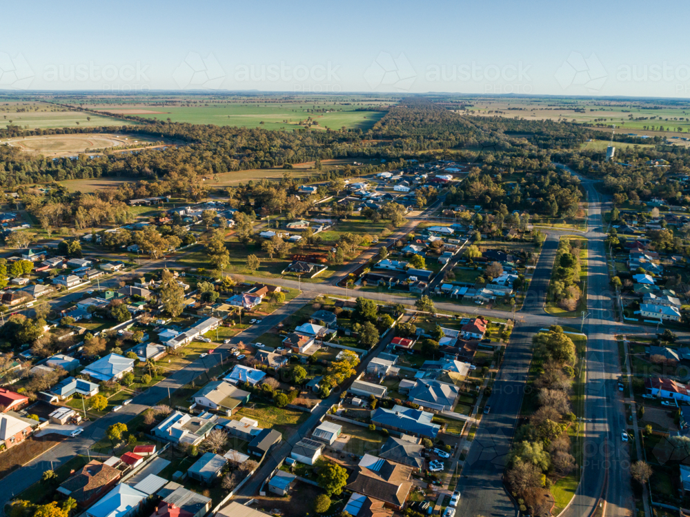 Image of Aerial view of rural Riverina town on sunlit morning with flat ...