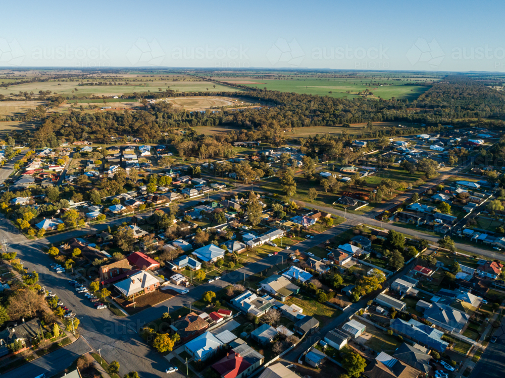 Image of Aerial view of rural Riverina town on sunlit morning with flat ...