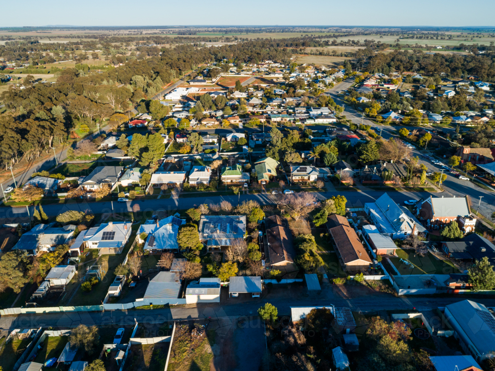Image of Aerial view of rural Riverina town on sunlit morning with flat ...