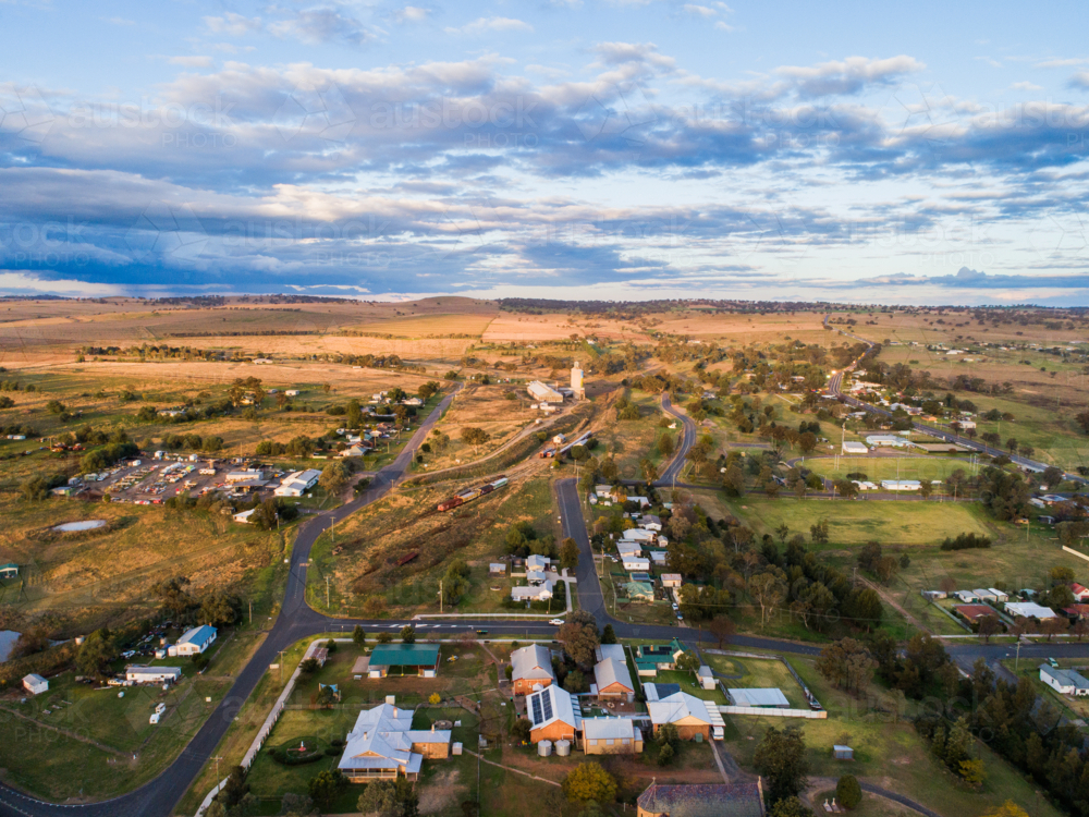Image of Aerial view of streets and silos in the country town of ...