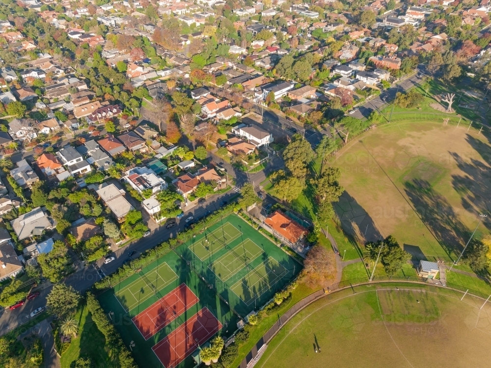 Image of Aerial view of suburban sports ovals and tennis courts ...