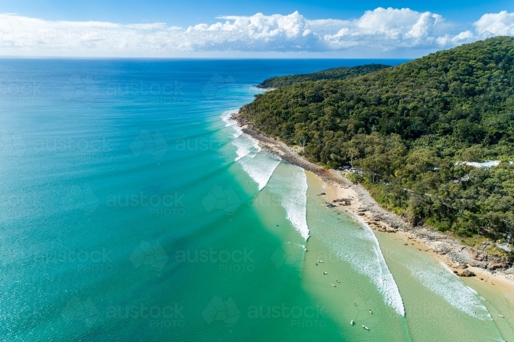 Image of Aerial view of surf and headland at Noosa. - Austockphoto