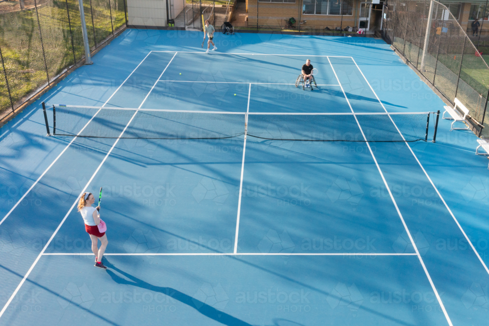 Image of aerial view of tennis court - Austockphoto