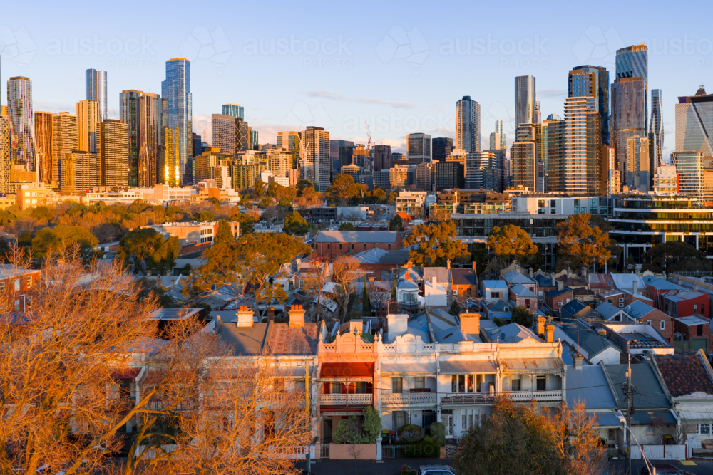 Image of Aerial view of terrace houses in a suburban street in front of ...