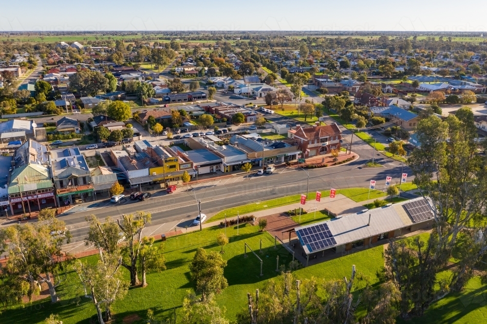 Image of Aerial view of the main street of a regional town - Austockphoto