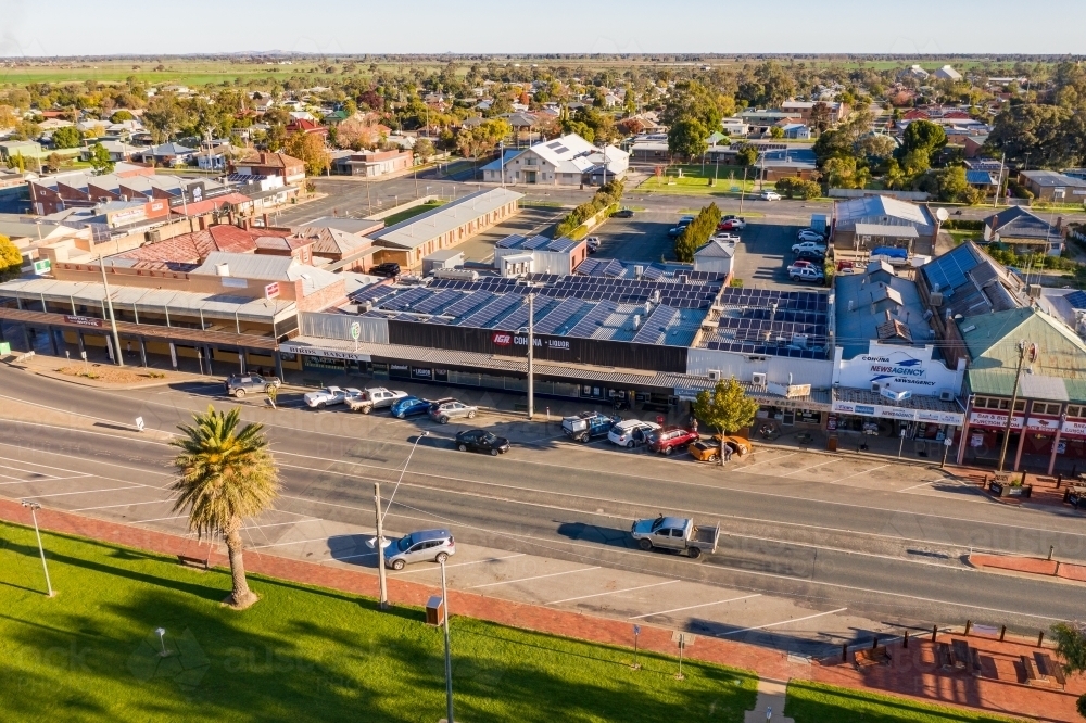 Image of Aerial view of the main street of a regional town - Austockphoto