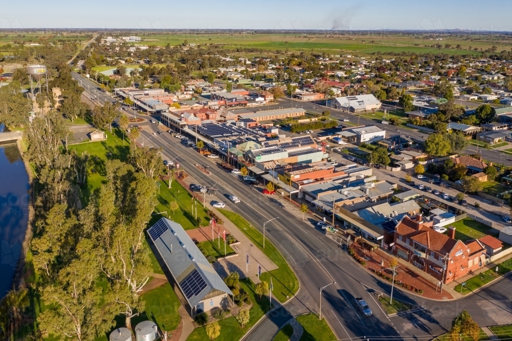 Image of Aerial view of the main street of a regional town - Austockphoto