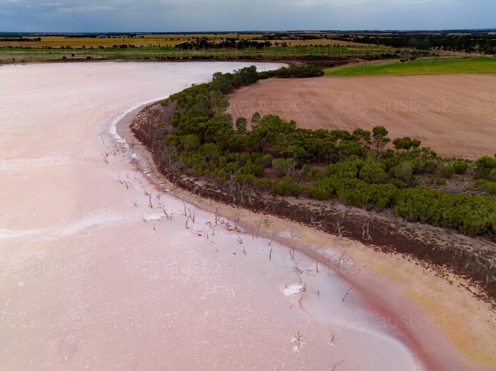 Image of Aerial view of the shoreline of a colourful dry salt lake ...