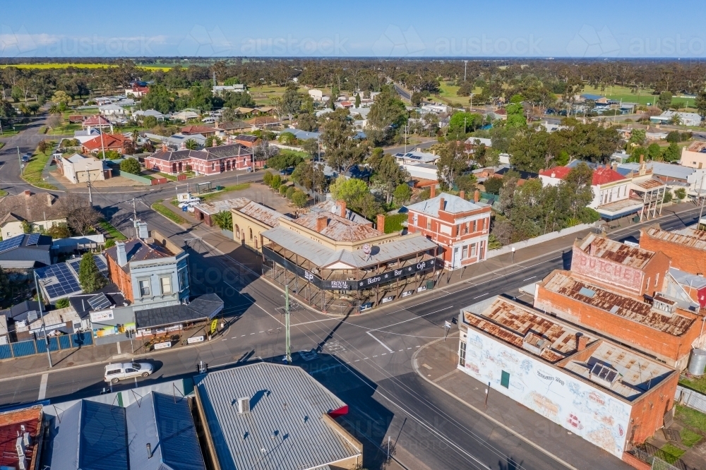 Image of Aerial view of the streetscape of a country town with historic ...