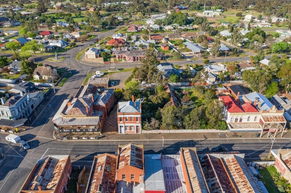 Image of Aerial view of the streetscape of a country town with historic ...