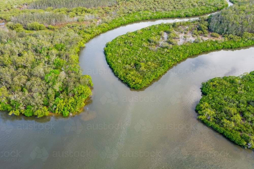 Image of Aerial view of two creeks joining a river with lush green ...