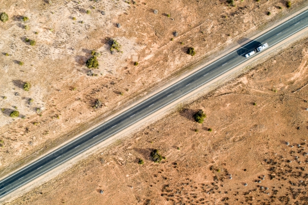 Image of Aerial view of ute and caravan on Eyre Highway along the ...