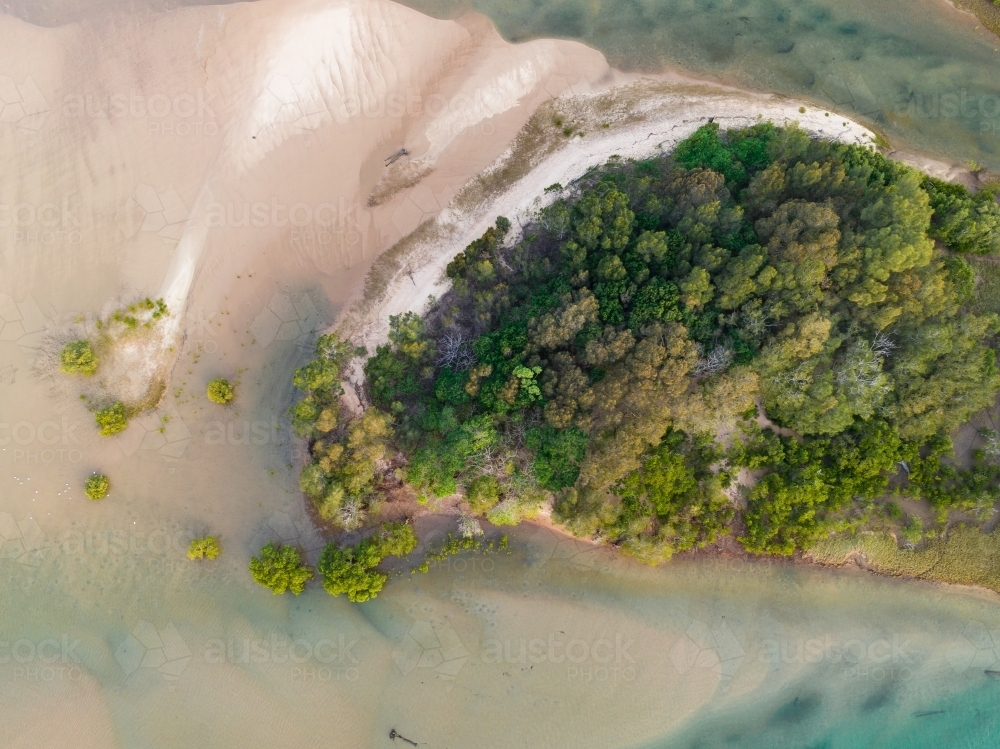 Image of Aerial view of vegetation on a small island surround by tidal ...
