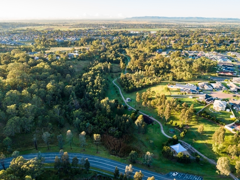 Image of aerial view of walkway through a recreational area, park ...