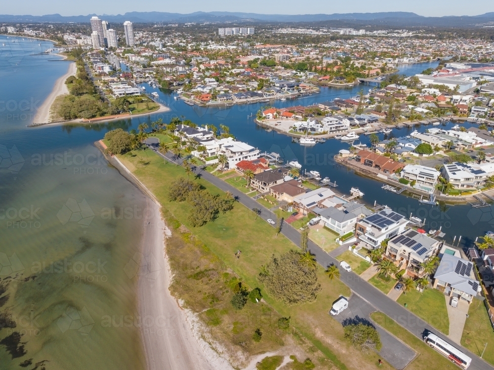 Image of Aerial view of waterfront properties with private jetties ...