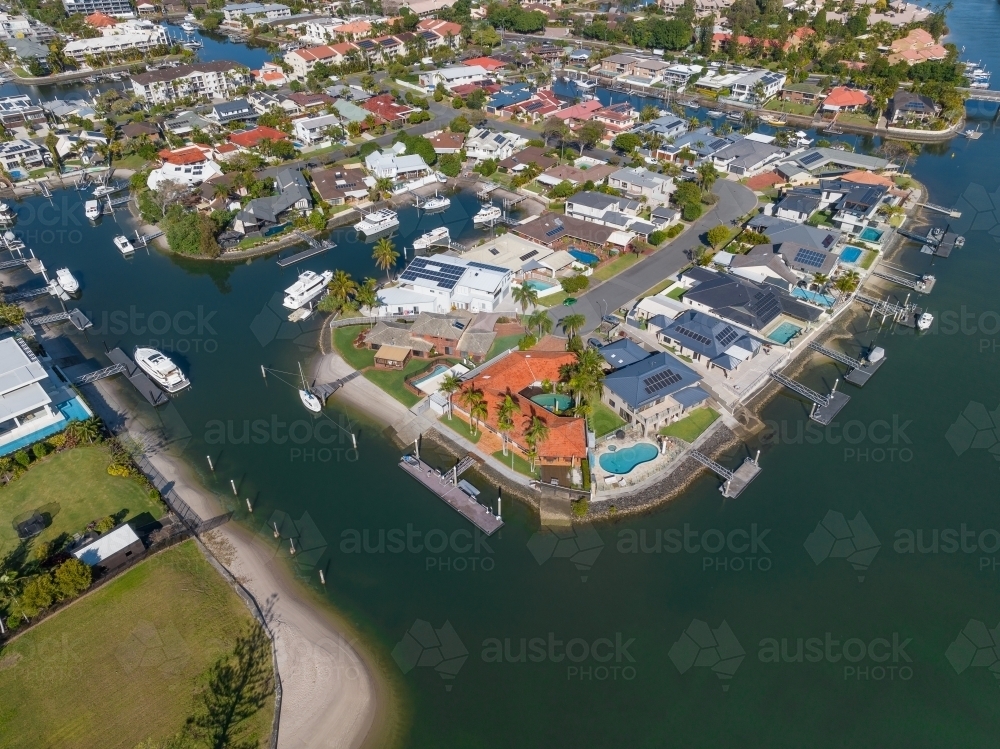 Image of Aerial view of waterfront properties with private jettys along ...