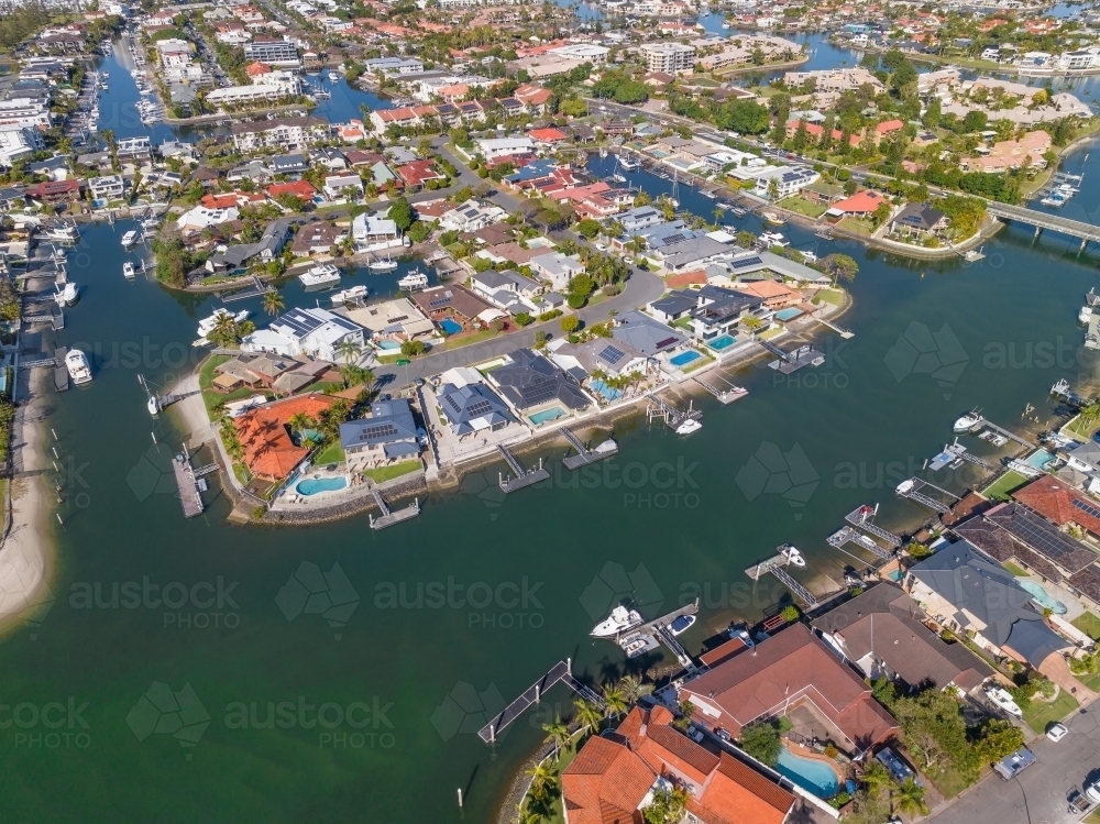 Image of Aerial view of waterfront properties with private jettys along ...