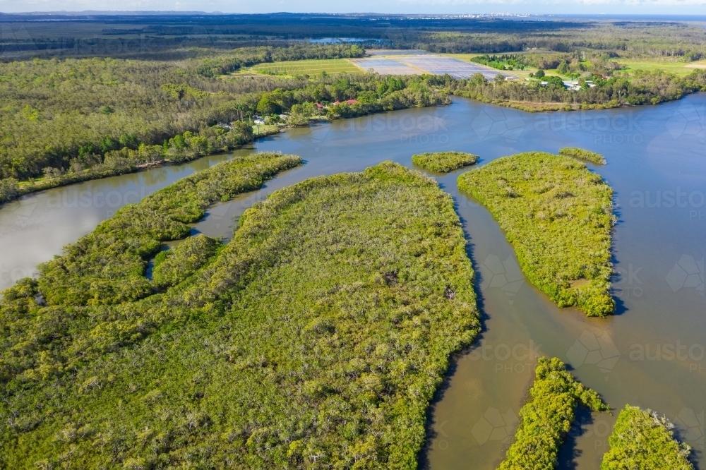 Image of Aerial view of waterways cutting through lush green coastal ...