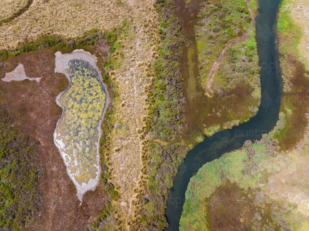 Image of Aerial view of wetlands with colourful vegetation and a creek ...