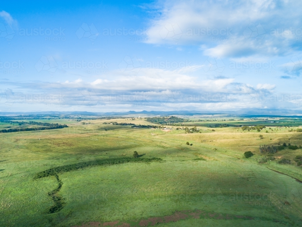 Image of Aerial view over green land of farm paddocks in morning light ...