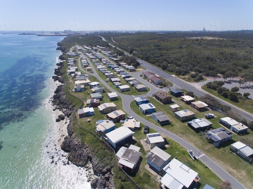 Image of Aerial view over Naval Base shacks and challenger beach ...