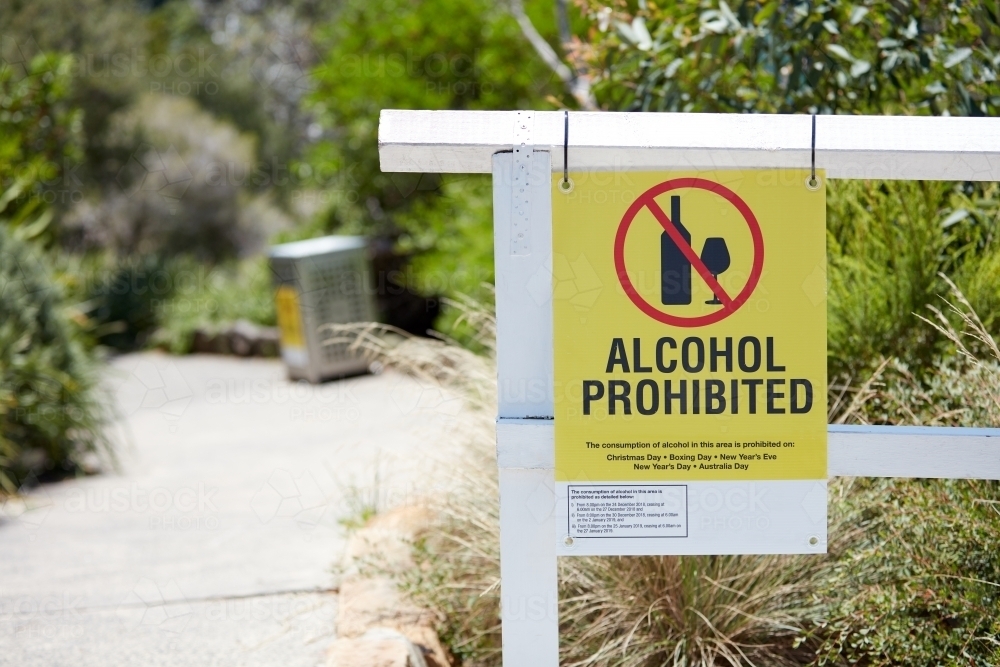 Image of Alcohol prohibition sign on pathway - Austockphoto