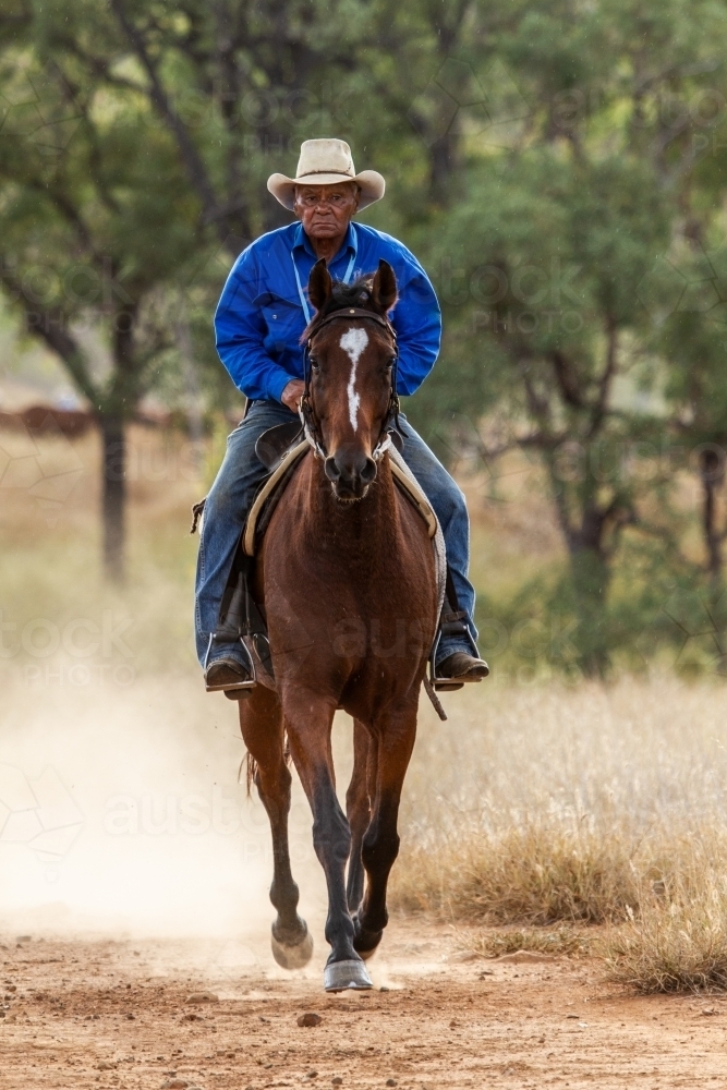 Image of An aboriginal stockman cantering on horse. - Austockphoto