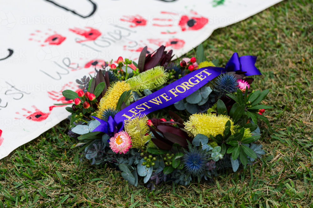 Image of ANZAC day lest we forget wreath waiting on grass ready to be ...