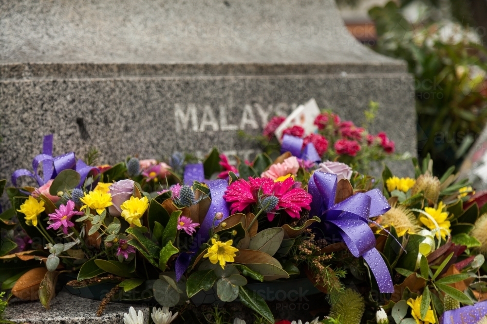 Image of ANZAC day wreath with lest we forget ribbon laid on cenotaph ...
